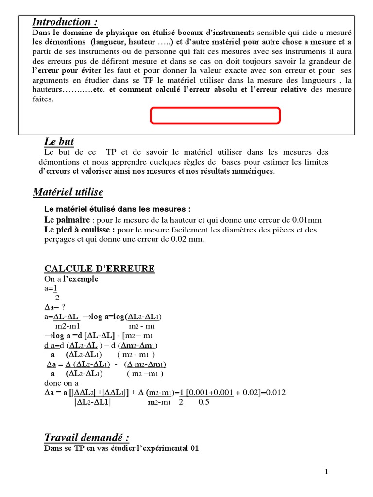 TP Physique Compte Rendu Mesures Des Grandeur Physique Et Dincertitudes | PDF