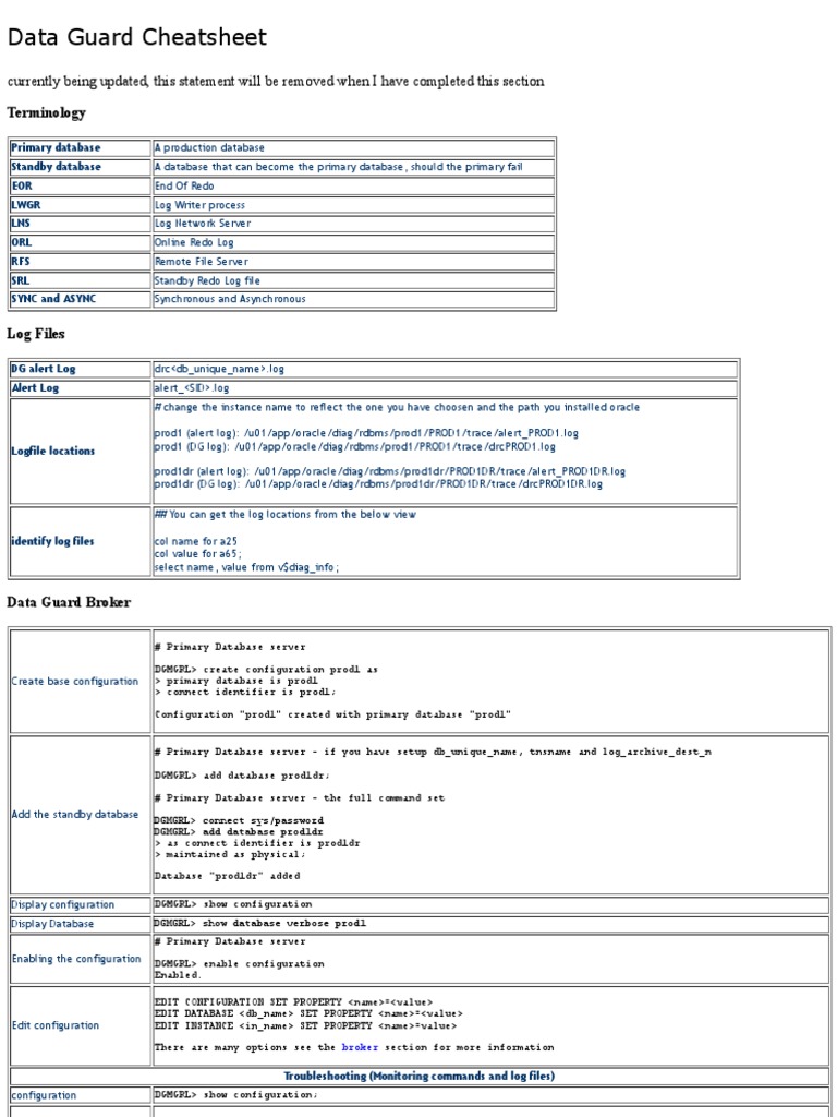 Data Guard - Cheatsheet | PDF | Databases | Information Technology Management