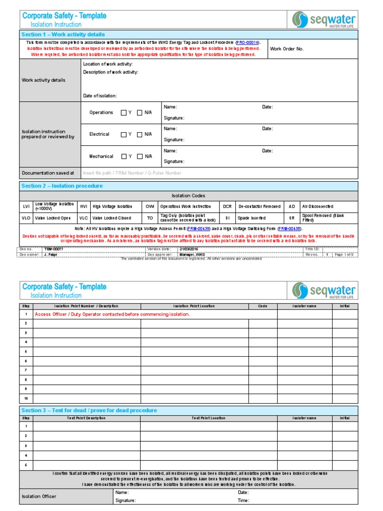 Isolation Work Instruction Template | PDF | Electromagnetism | Equipment