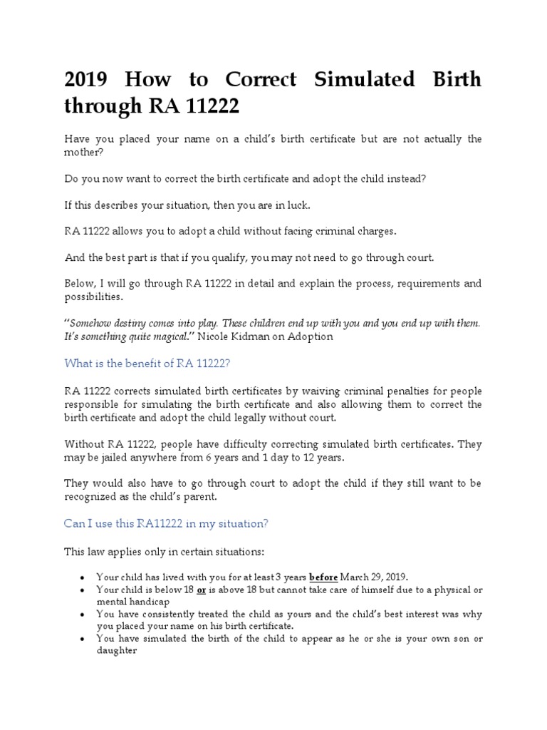 How To Correct Simulated Birth Through RA 11222 | PDF | Adoption ...