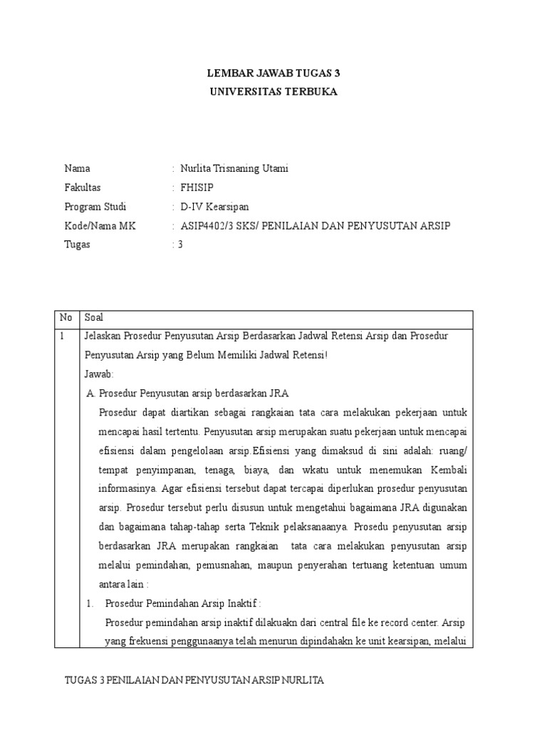 Tugas 3 Penilaian Dan Penyusutan Arsip | PDF Tugas 3 Penilaian Dan Penyusutan Arsip | PDF