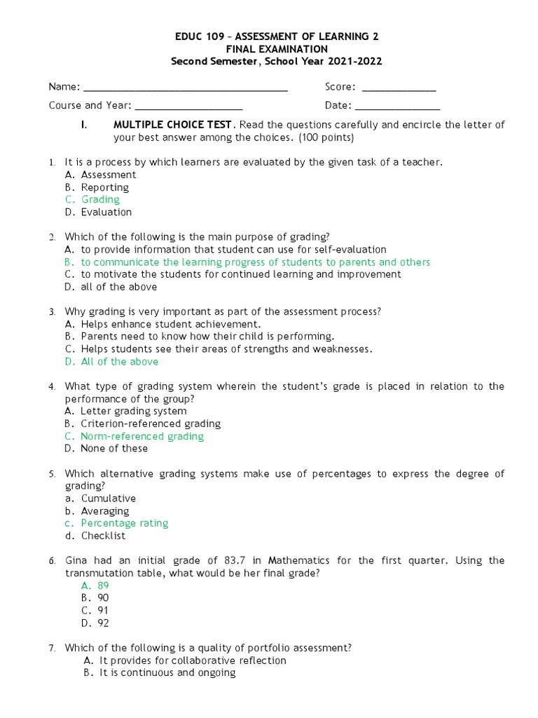 Educ 109 - Assessment of Learning 2 Final Examination Second Semester ...