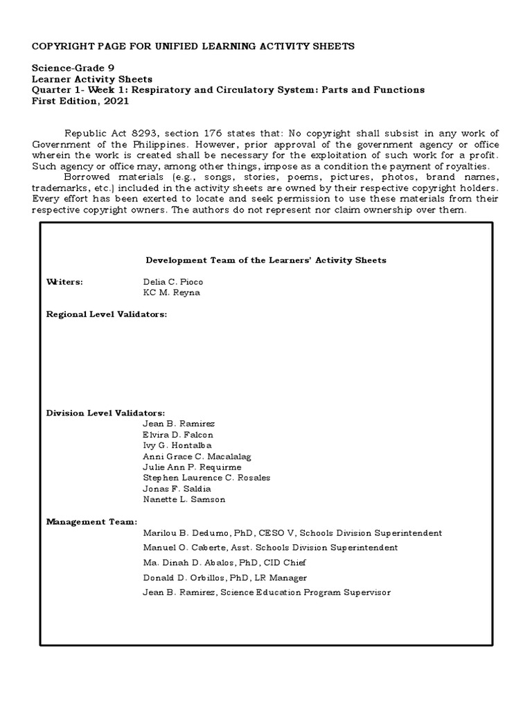 Science-Grade 9 Learner Activity Sheets Quarter 1-Week 1: Respiratory ...