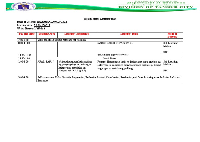 ARAL. PAN.-Weekly Home Learning Plan | PDF