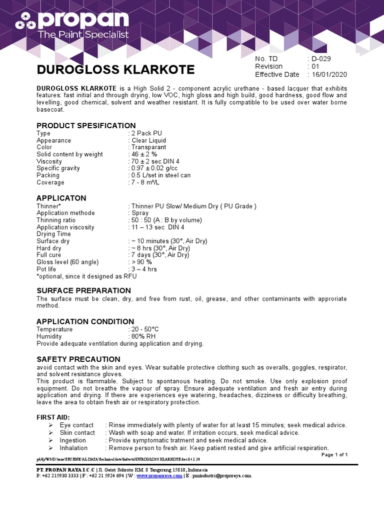 Durogloss Klarkote: Product Spesification | PDF | Materials | Chemistry