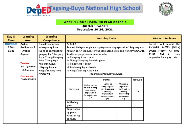 Weekly Home Learning Plan in AP7 Q1 Week 1 | PDF