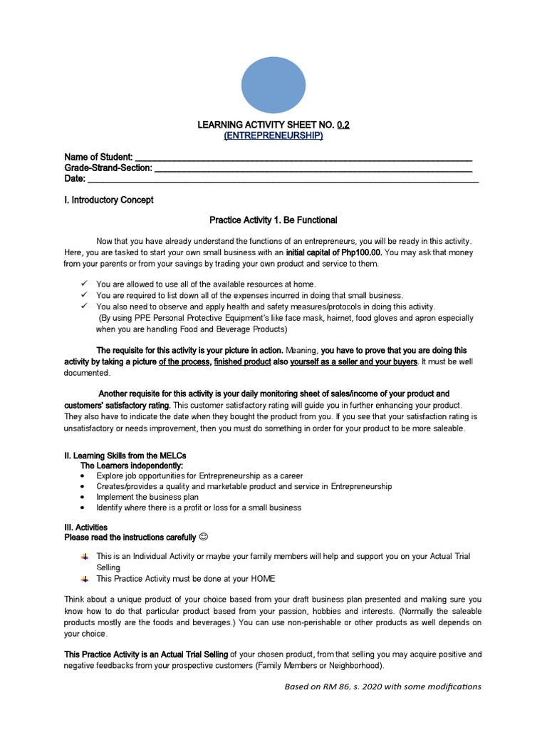 Entrep Learning Activity Sheet 0.2 Copy For SHS Students | PDF | Sales ...