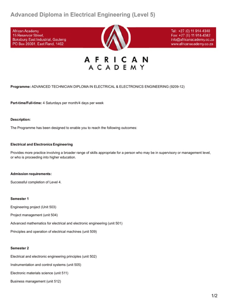 Advanced Diploma in Electrical Engineering Level 5 | PDF Advanced Diploma in Electrical Engineering Level 5 | PDF