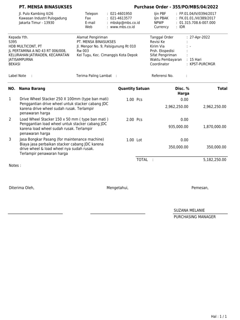 PO 355 - HDB Multicont - Pergantian Drive Wheel | PDF