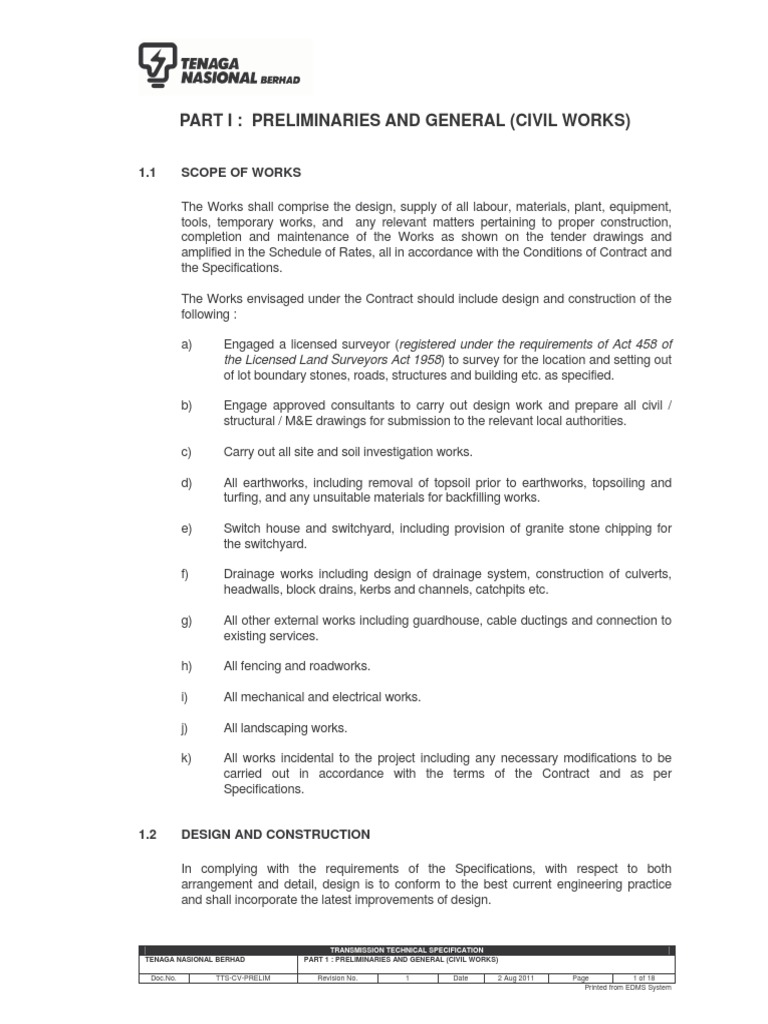 Civil Works Preliminary Specifications | PDF | Quality Assurance | Road