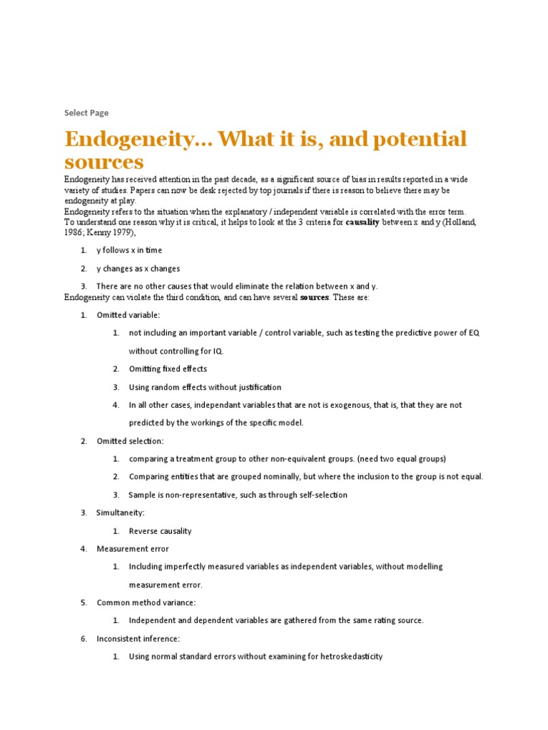 Endogeneity What It Is, and Potential Sources: Select Page | PDF ...