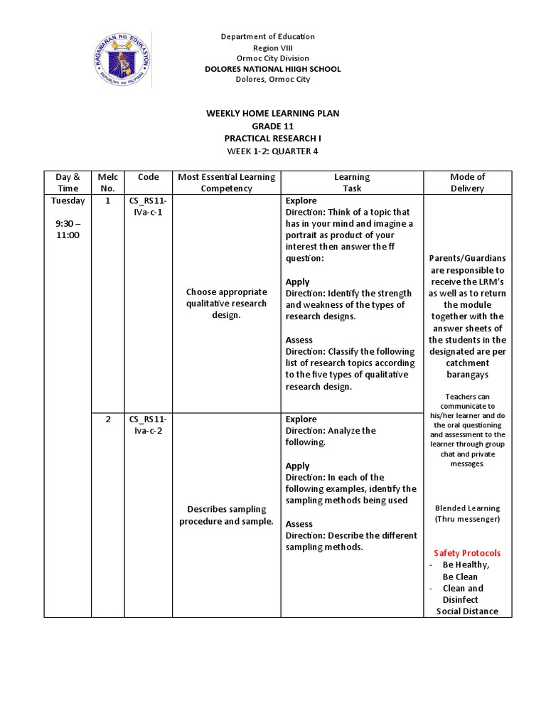 Weekly Home Learning Plan Grade 11 Practical Research I: Dolores National Hiigh School | PDF ...