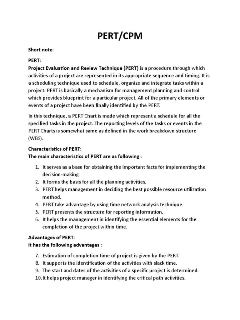 Pert/Cpm: Short Note: Pert: Project Evaluation and Review Technique (PERT) Is A Procedure ...