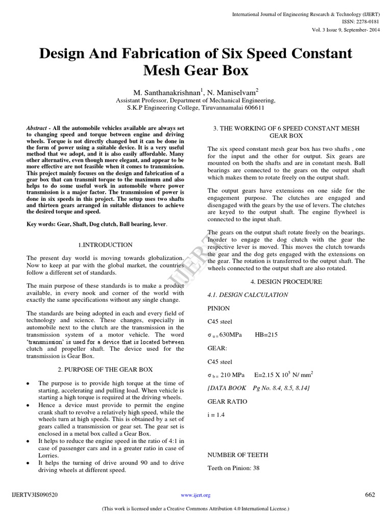 Design and Fabrication of Six Speed Constant Mesh Gear Box ...