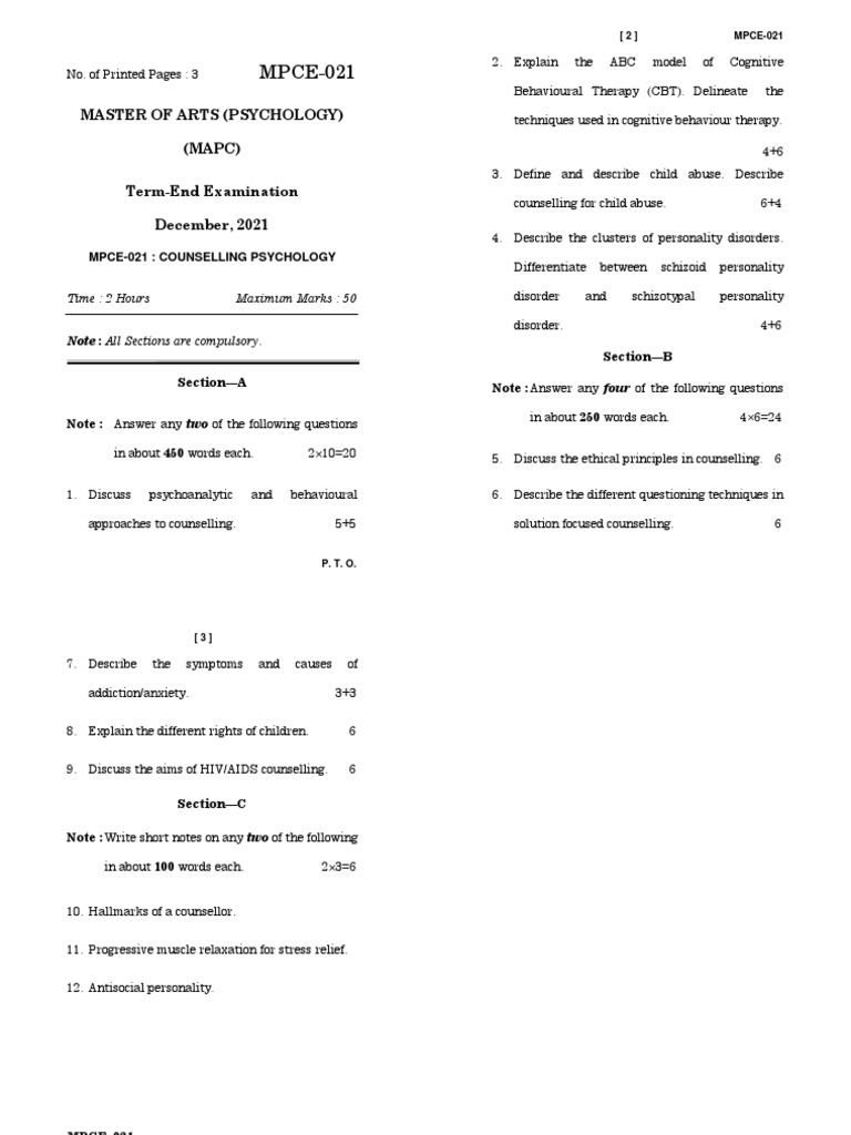 MPCE-021 Dec 2021 | PDF | Psychotherapy | Cognitive Behavioral Therapy