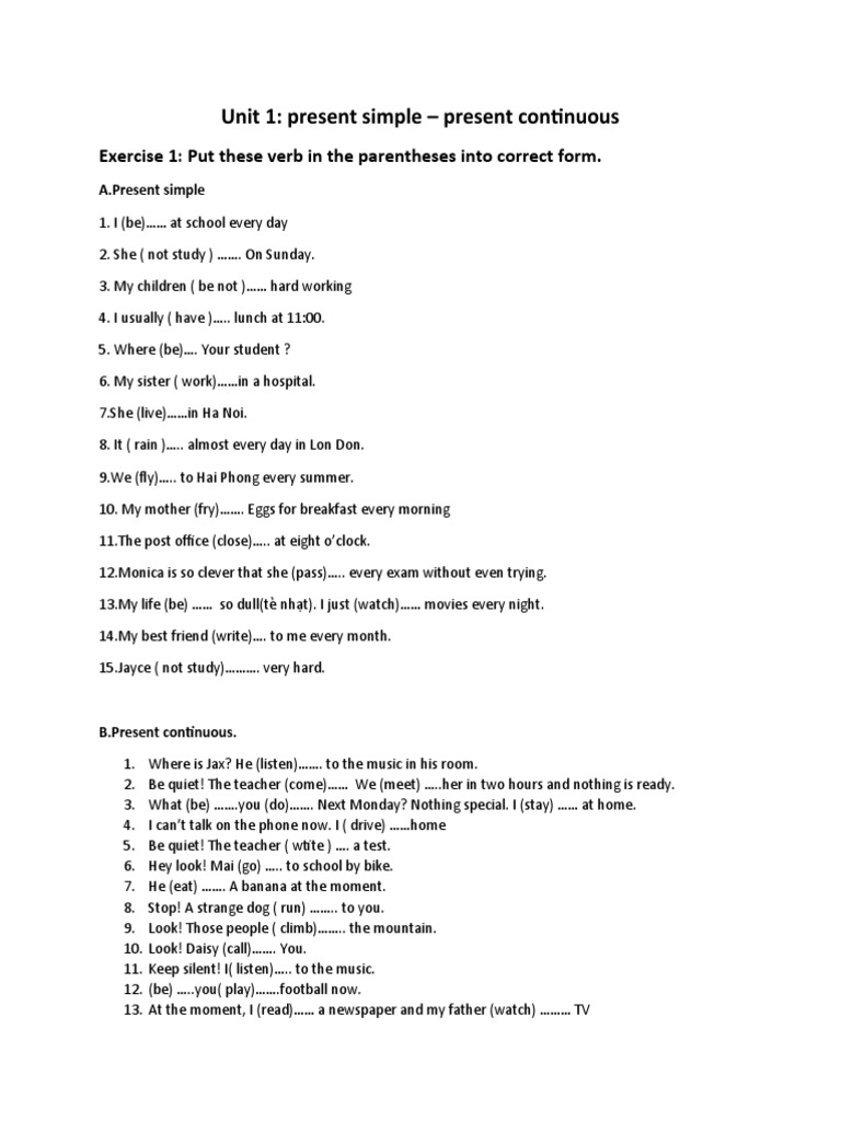 Unit 1: Present Simple - Present Continuous: Exercise 1: Put These Verb in The Parentheses Into ...