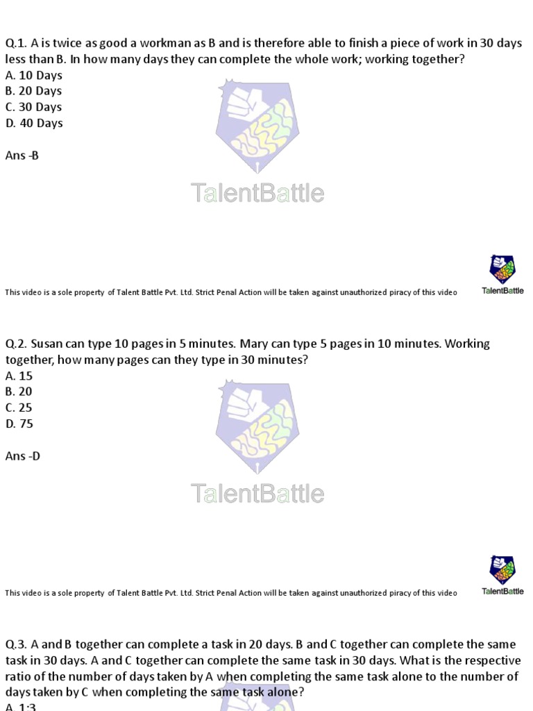 Practice Questions On Time & Work | PDF