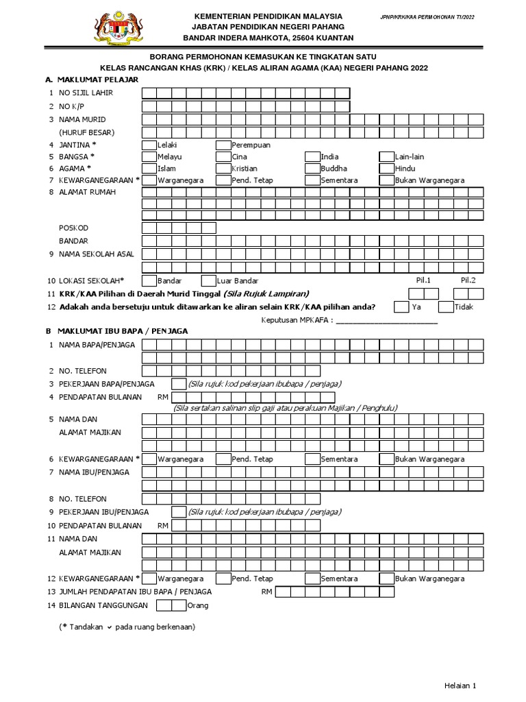 Borang Permohonan Tingkatan 1 Sesi 2022 | PDF