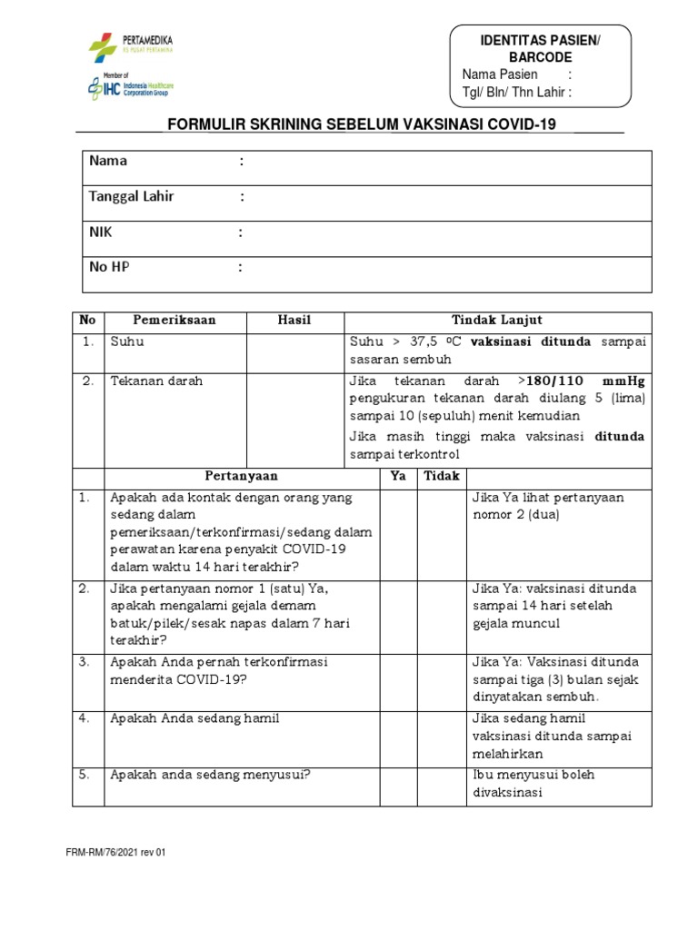Form Skrining Vaksin Revisi | PDF | Sains & Matematika