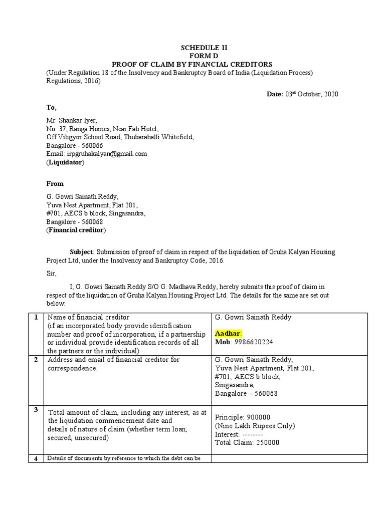 Schedule Ii Form D Proof of Claim by Financial Creditors | PDF | Debt ...