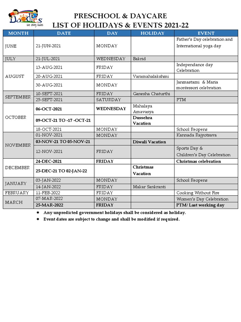 Preschool & Daycare List of Holidays & Events 2021-22: Month Date DAY ...