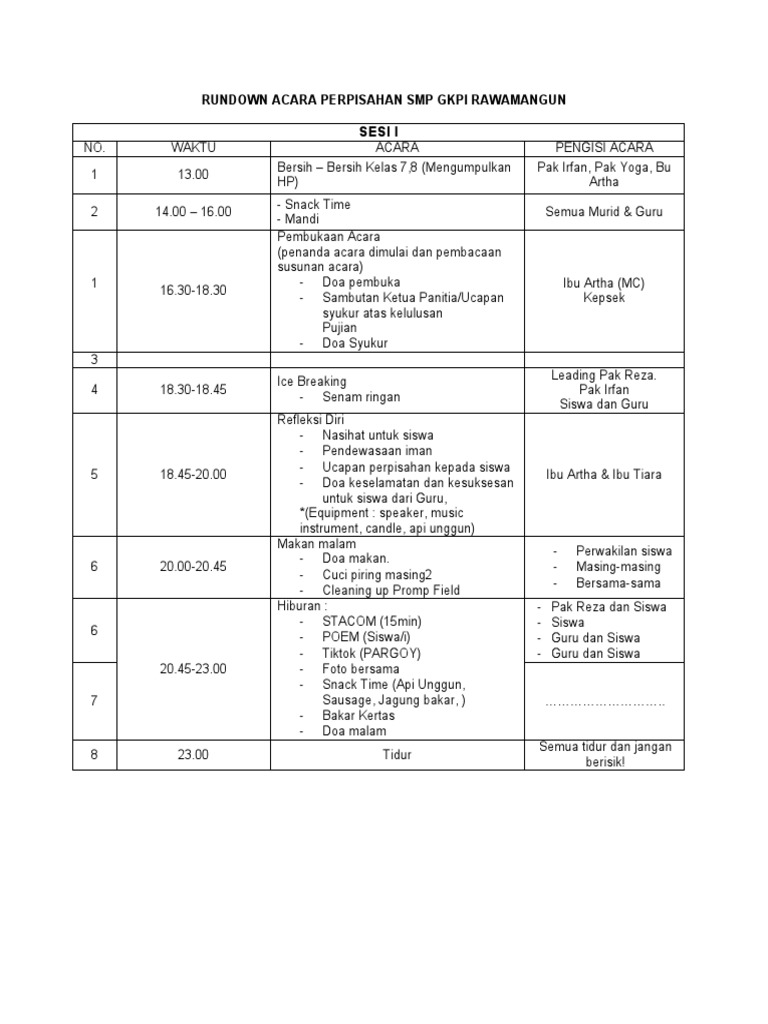 Rundown Acara Perpisahan Sekolah SMP Gkpi Rawamanun | PDF