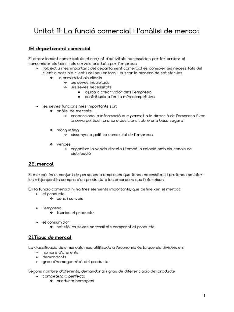 Unitat 11 - La Funció Comercial I L'anàlisi de Mercat | PDF