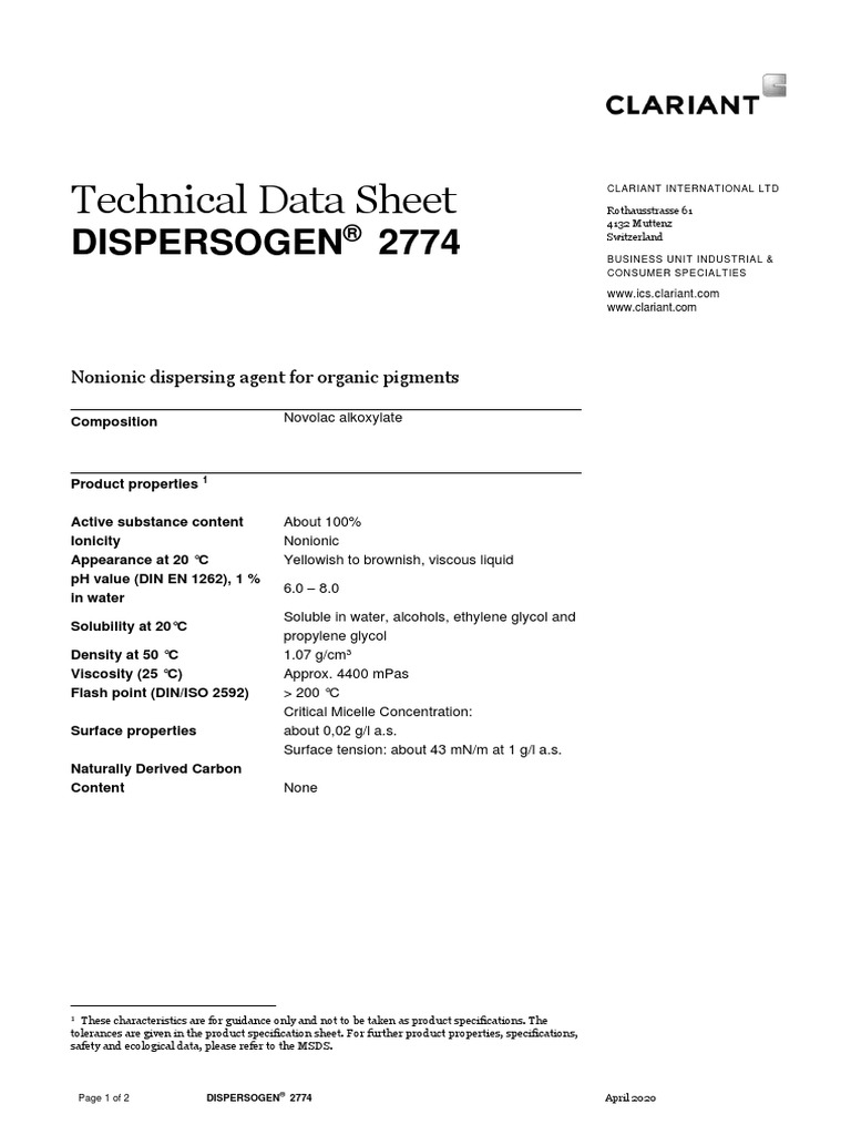 TDS Dispersogen 2774 English | PDF | Viscosity | Shelf Life