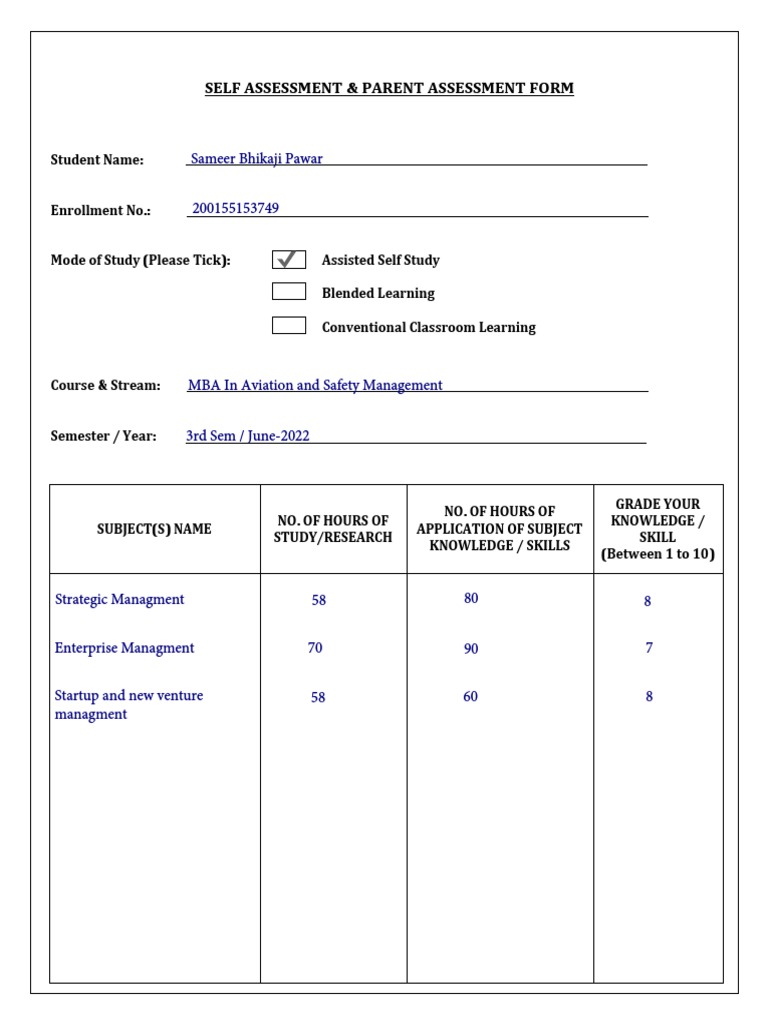 Self-Assessment & Parent Evaluation Form | PDF