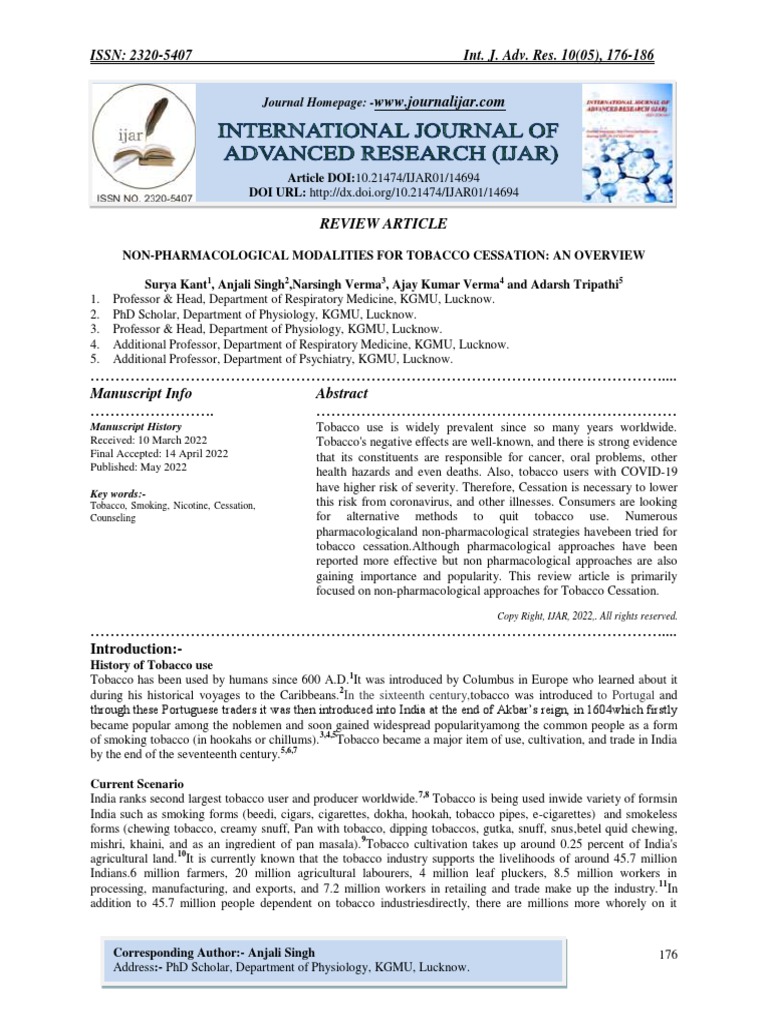 Non-Pharmacological Modalities For Tobacco Cessation: An Overview | Download Free PDF | Smoking ...