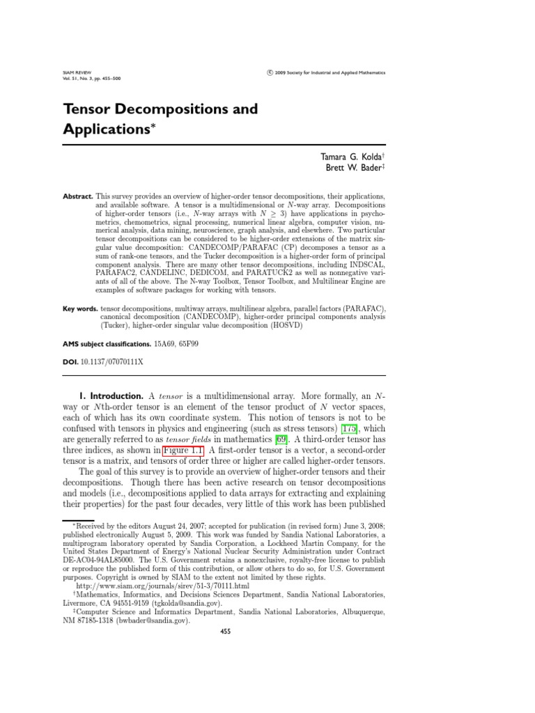Tensor Decompositions And Applications Pdf Tensor Matrix