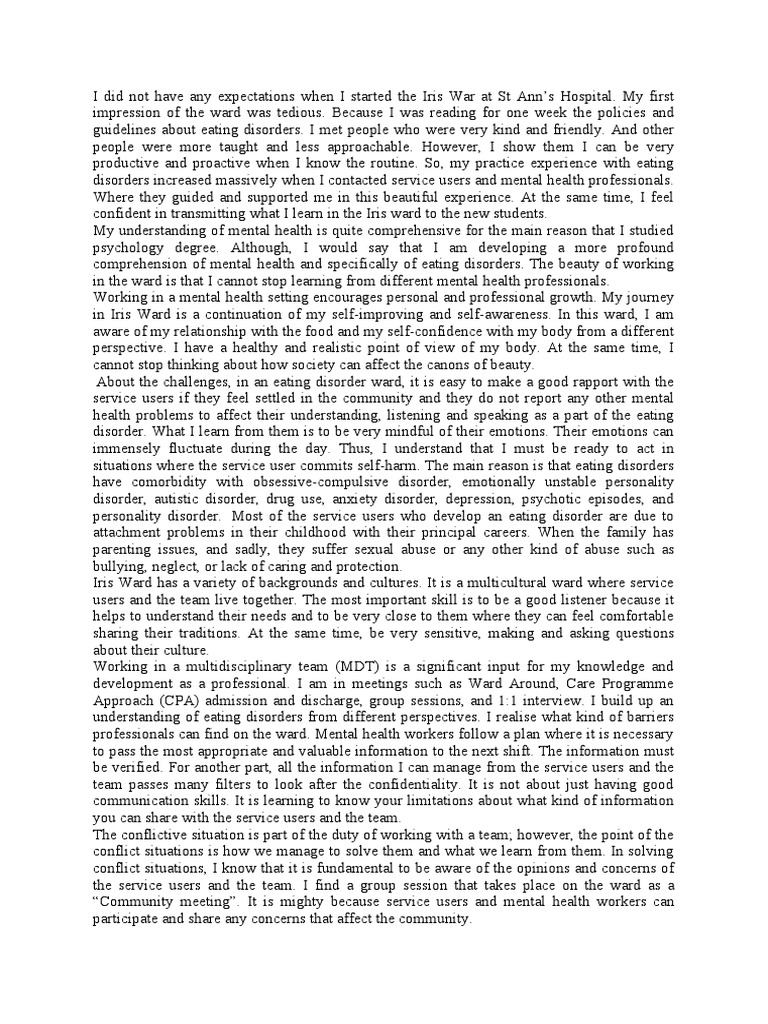 Reflective Journal Summary | PDF | Mental Disorder | Mental Health