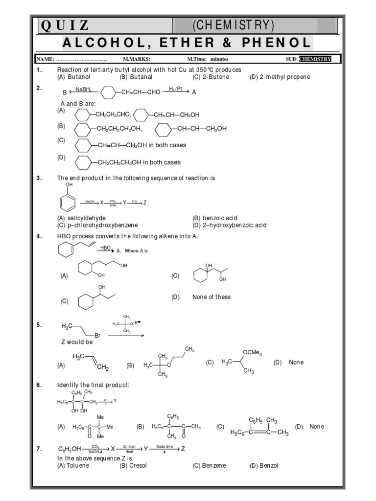 Chemistry Quiz: Alcohols, Ethers, Phenols | PDF | Alcohol | Chemistry