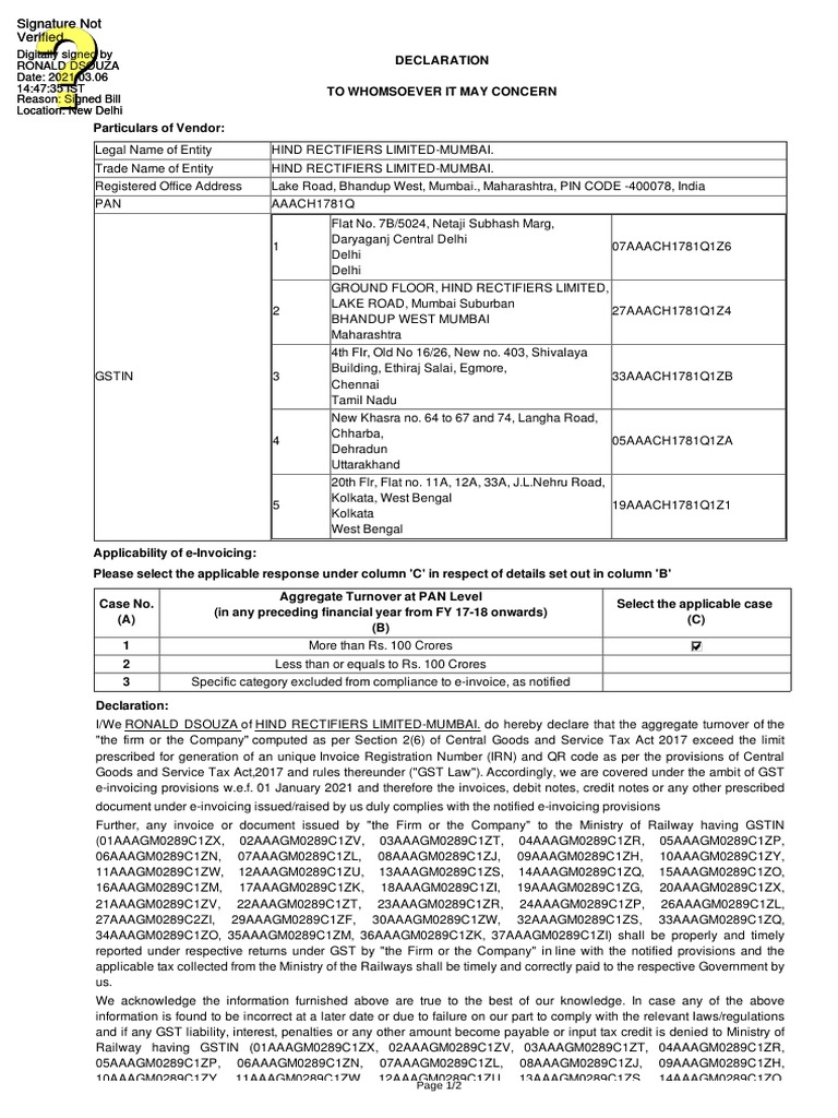 100 CR Declaration | Download Free PDF | Invoice | Government