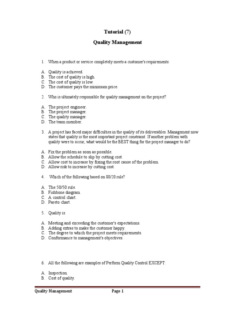 Quality Management - Question | PDF | Quality Management | Quality ...
