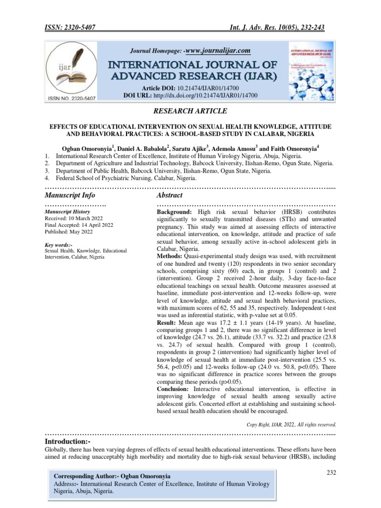 Effects Of Educational Intervention On Sexual Health Knowledge Attitude And Behavioral