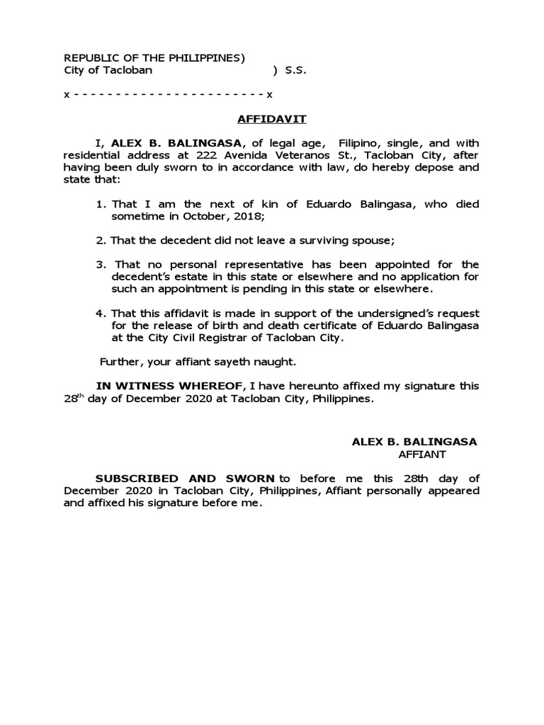 Affidavit of Next of Kin | PDF