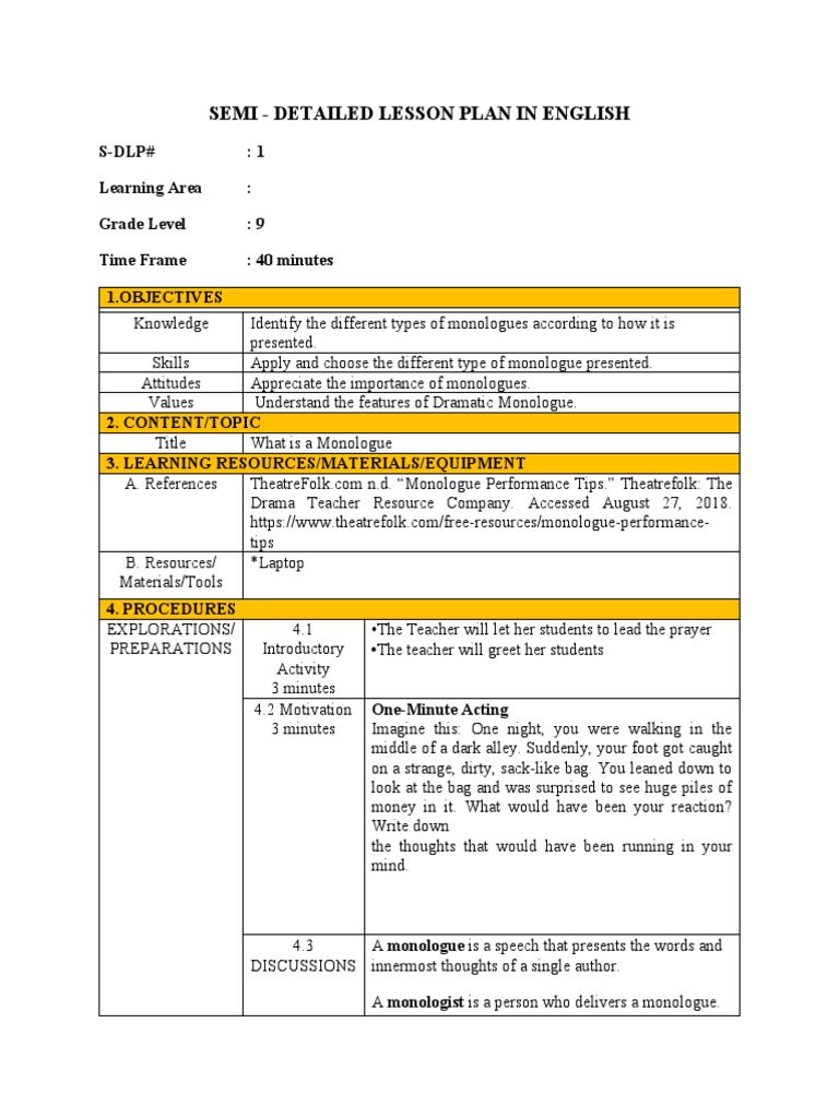 Semi-Detailed For Monologue in grADE 9 | PDF | Romeo And Juliet | Monologue