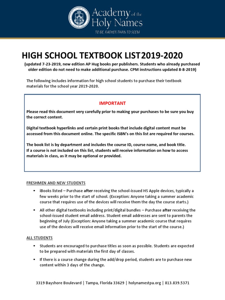 High School Textbook List 2019-2020: Important | PDF | Advanced ...