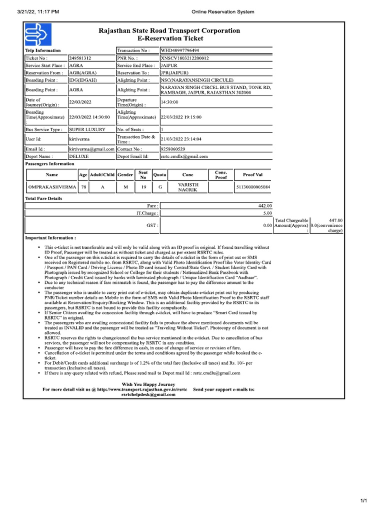 RSRTC Ticket Papa JI | PDF