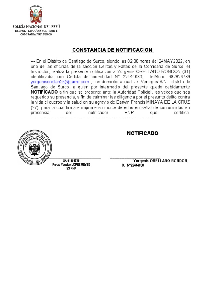 CONSTANCIA DE NOTIFICACION PERSONAS | PDF