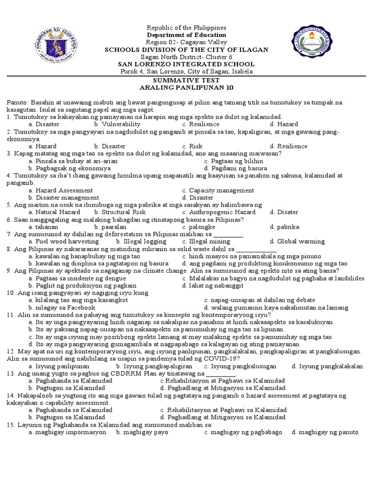 Summative Test For Grade 10 | PDF