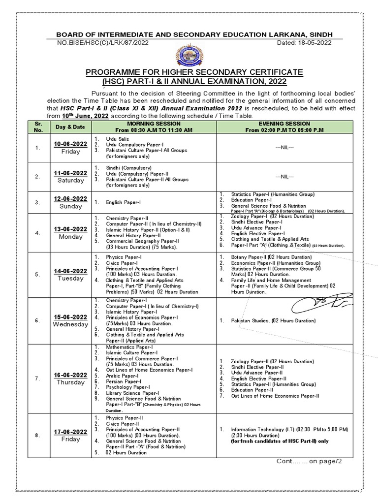 Time Table HSC 2022-2 | PDF | Sindh | Science