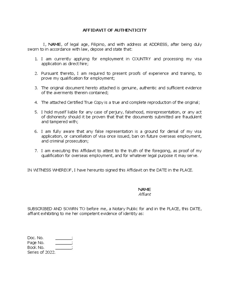 Affidavit of Authenticity: Affiant | PDF