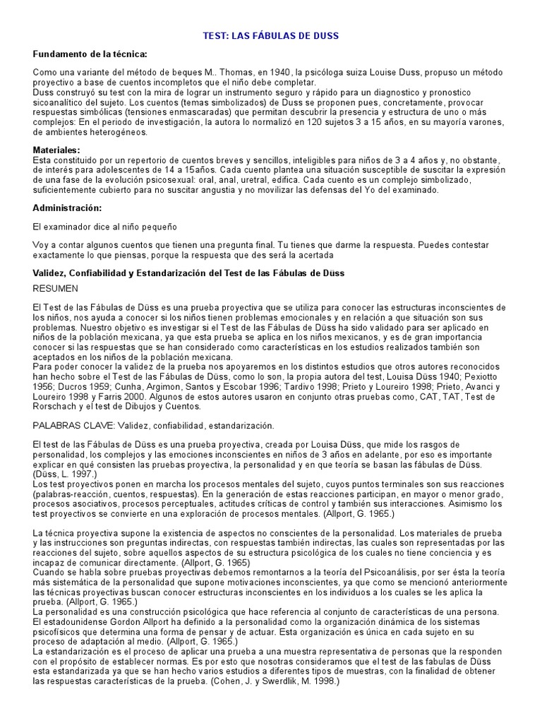 Test de las Fábulas de Düss en Niños | PDF | Validez (Estadísticas ...