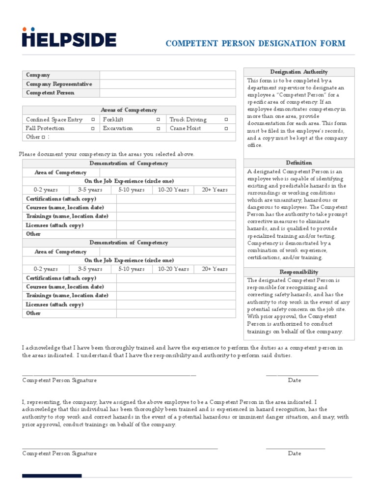 Competent Person Designation Form | PDF | Occupational Safety And ...