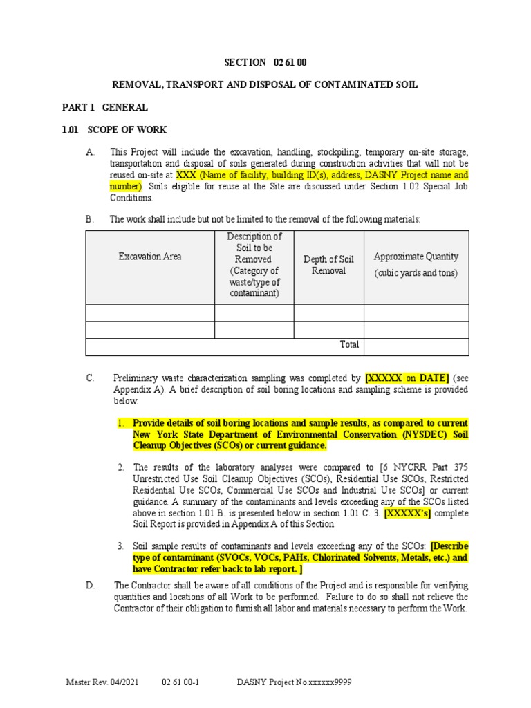 Soil Excavation Transportation and Disposal Spec - Sample | PDF ...