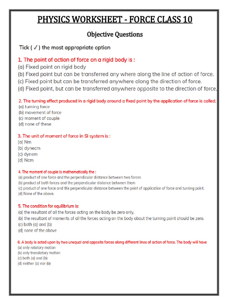 Physics Worksheet - Force Class 10: Objective Questions | PDF