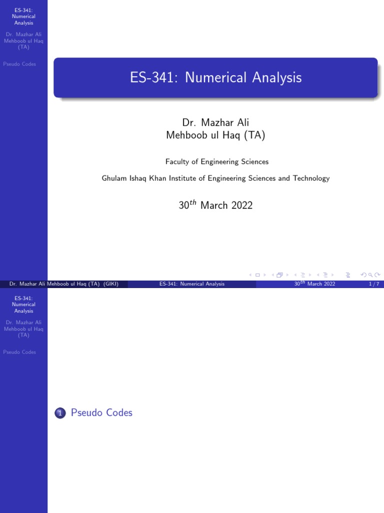 ES-341: Numerical Analysis: Dr. Mazhar Ali Mehboob Ul Haq (TA) | PDF | Numerical Analysis ...