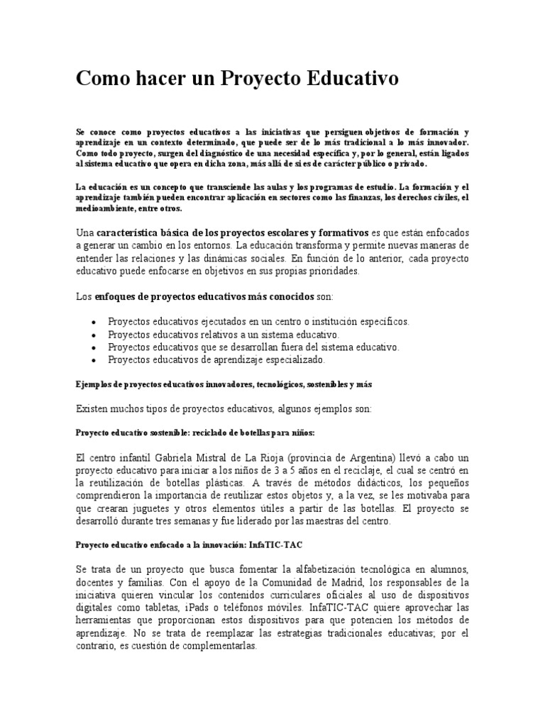 Como Hacer Un Proyecto Educativo | PDF | Aprendizaje | Planificación